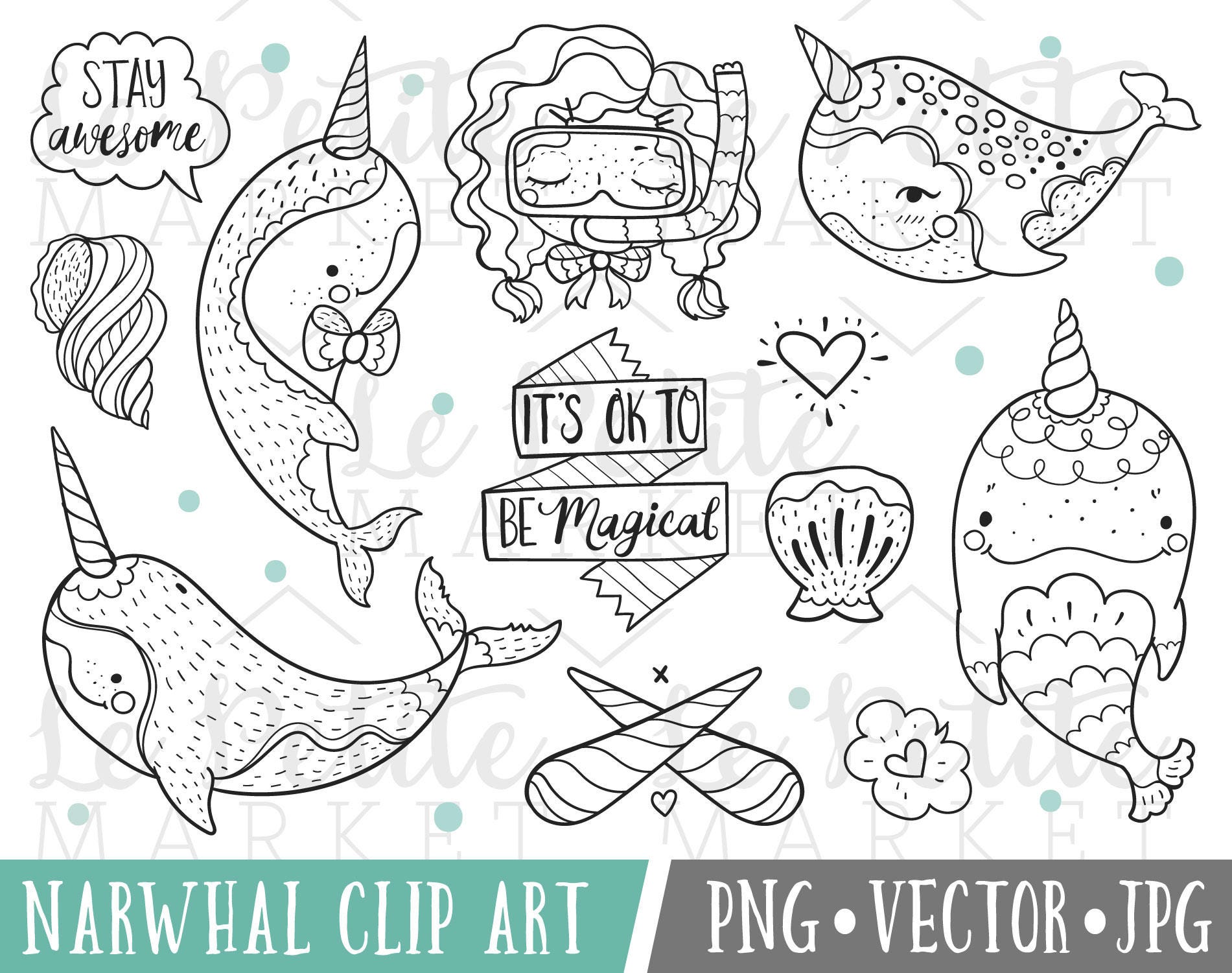 Doodle Narwhal Clipart Images Magical Narwhal Clip Art | Etsy