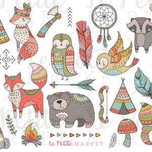 Cute Digital Tribal Woodland Clip Art, 25 Illustrations, Tribal Animals ...