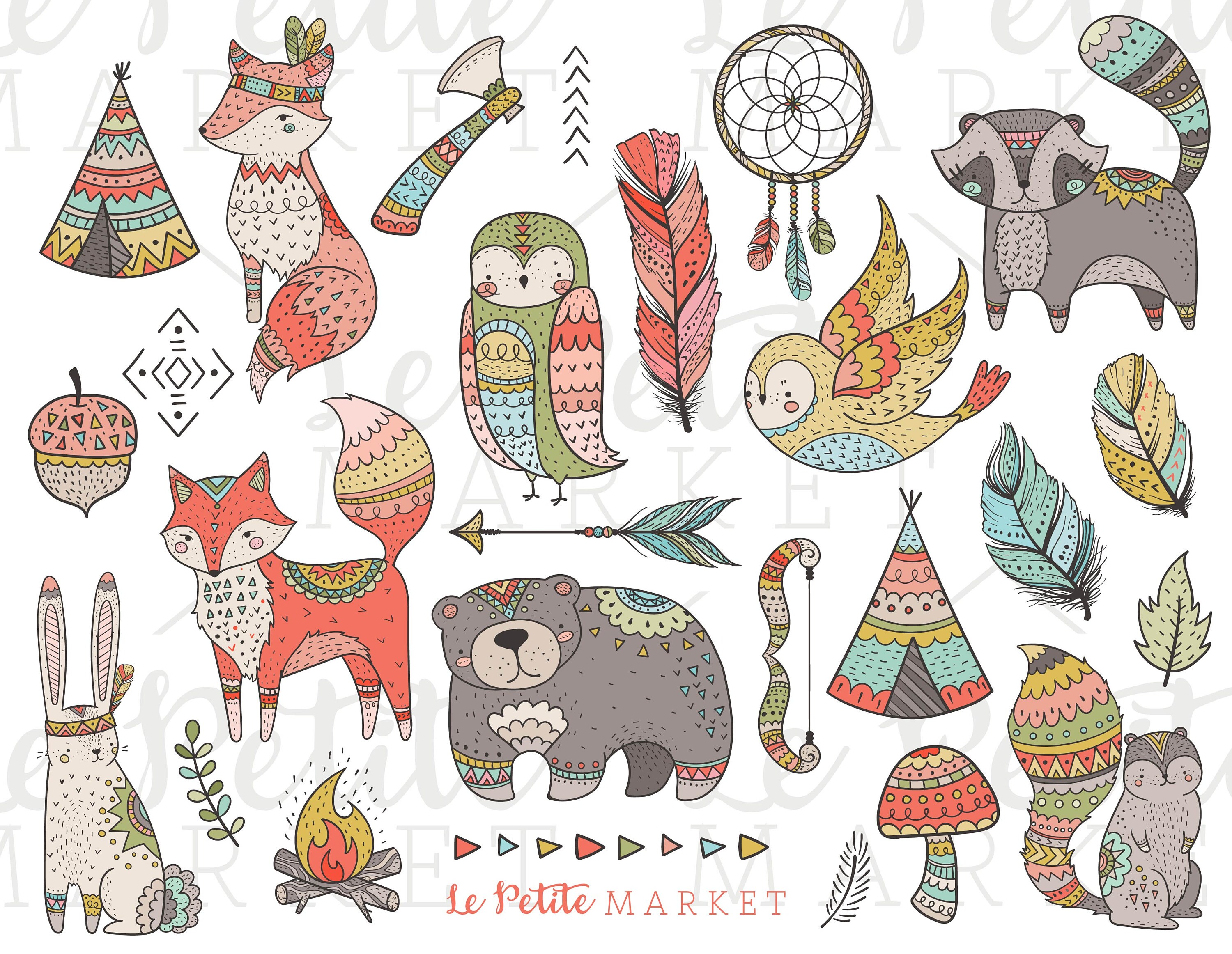Cute Digital Tribal Woodland Clip Art 25 Illustrations | Etsy