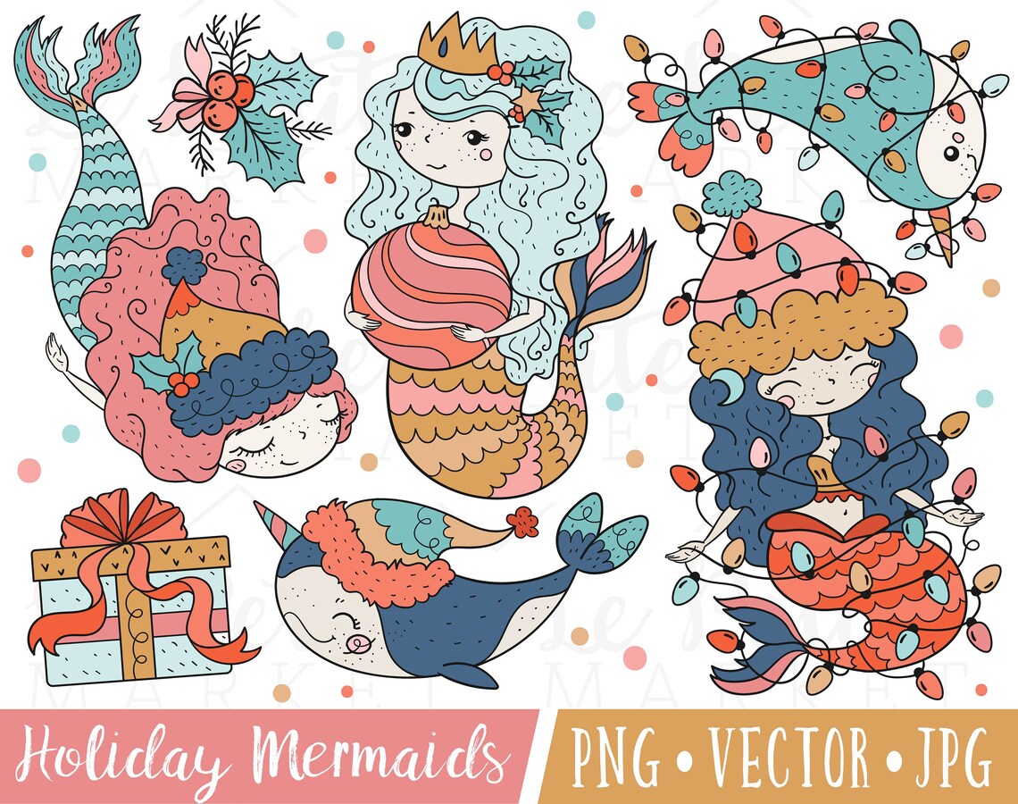 Cute Christmas Mermaid Clipart Images Cute Holiday Mermaid | Etsy