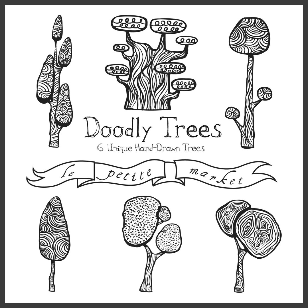 Hand Drawn Tree Clip Art Graphics in Black and White Line Art Doodle ...