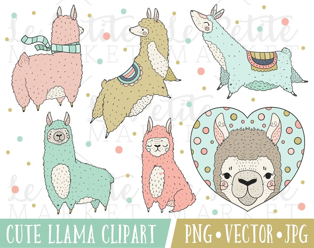 Cute Llama Illustration Set, Kawaii Llama Clipart Set, Llama Vectors ...