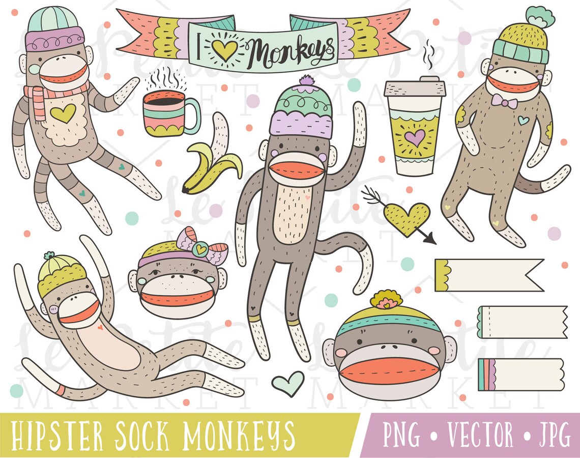 Hipster Sock Monkey Clipart Images Sock Monkey Clip Art | Etsy