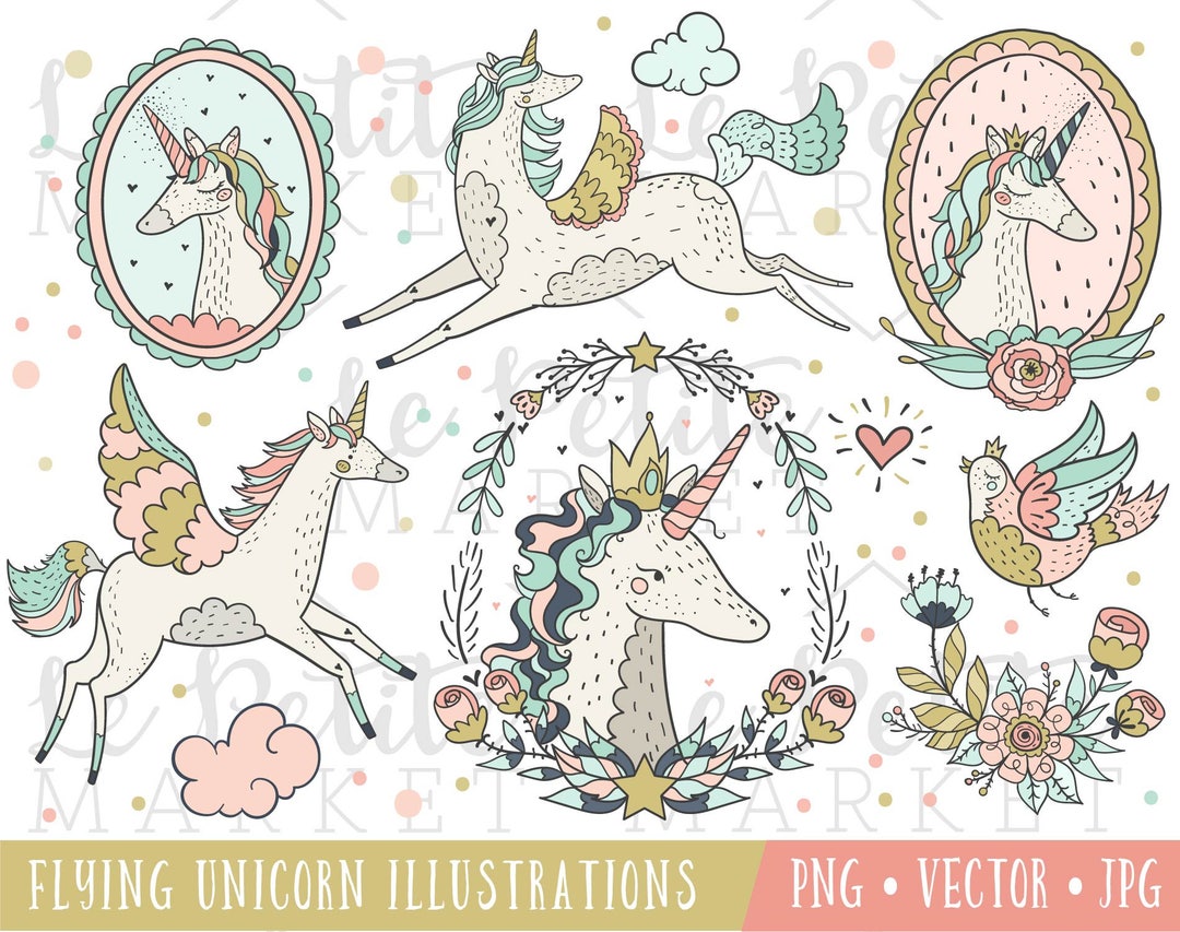 Hand Drawn Magical Unicorn Clipart Set, Unicorns With Wings, Pegasus ...