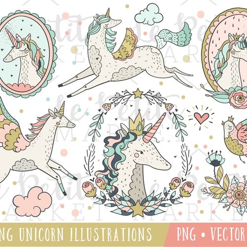 Hand Drawn Magical Unicorn Clipart Set Unicorns With Wings - Etsy