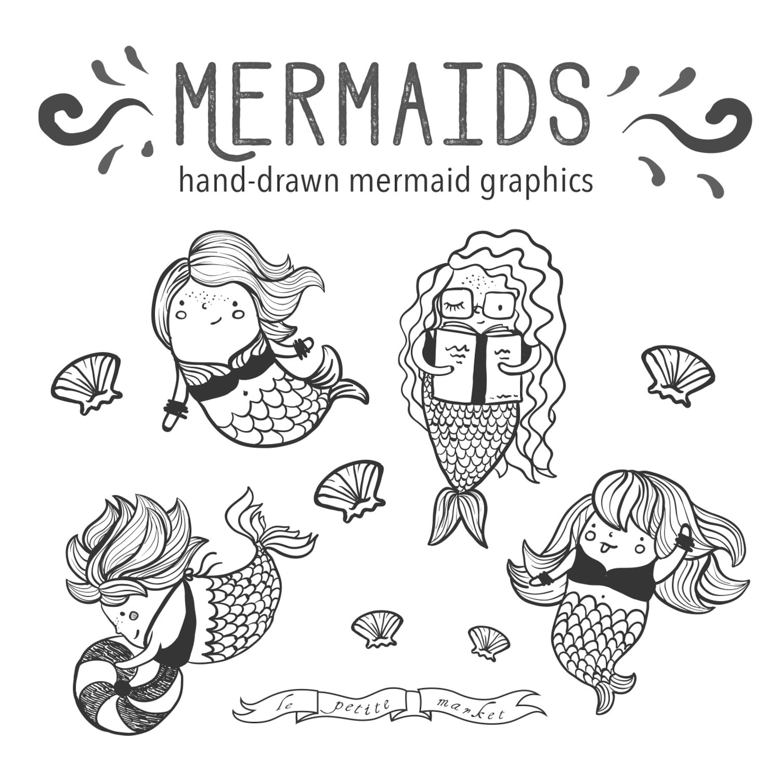 Hand Drawn Cute Mermaid Clip Art Illustrated Mermaid Clipart | Etsy