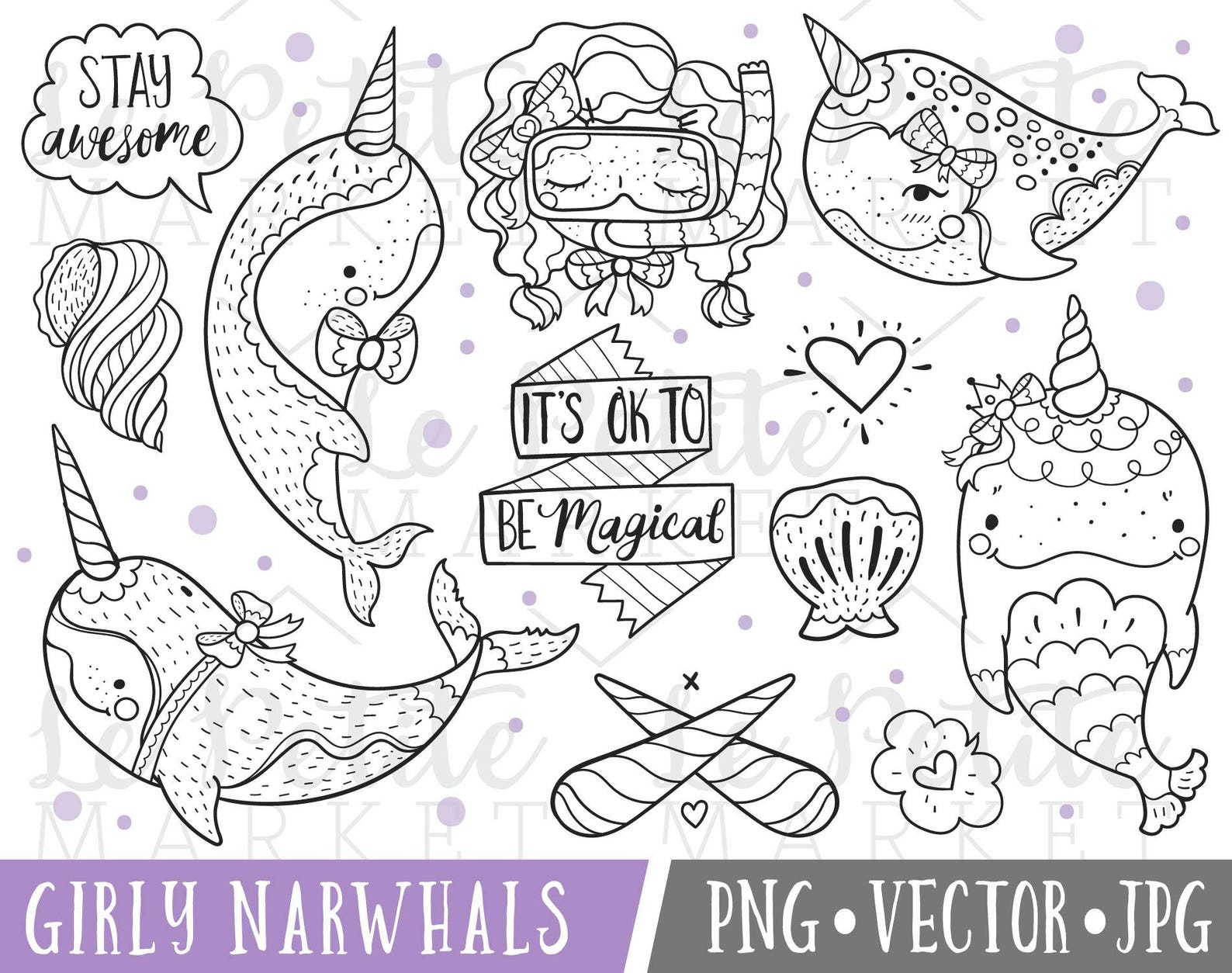 Girly Narwhal Clipart Set, Narwhal Girls Clipart, Nursery Clip Art ...