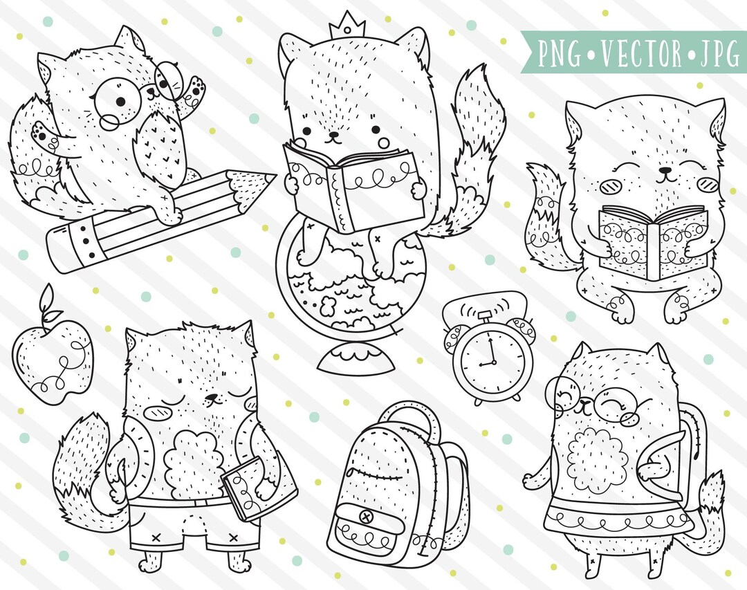 School Cats Clipart Images, Cat Digital Stamps, Hand Drawn Clipart ...