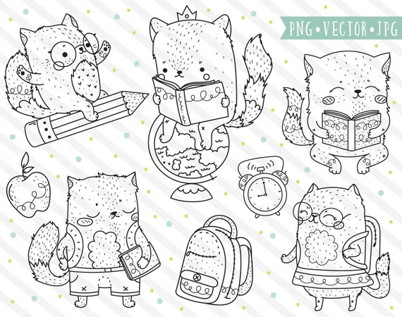 School Cats Clipart Images Cat Digital Stamps Hand Drawn | Etsy