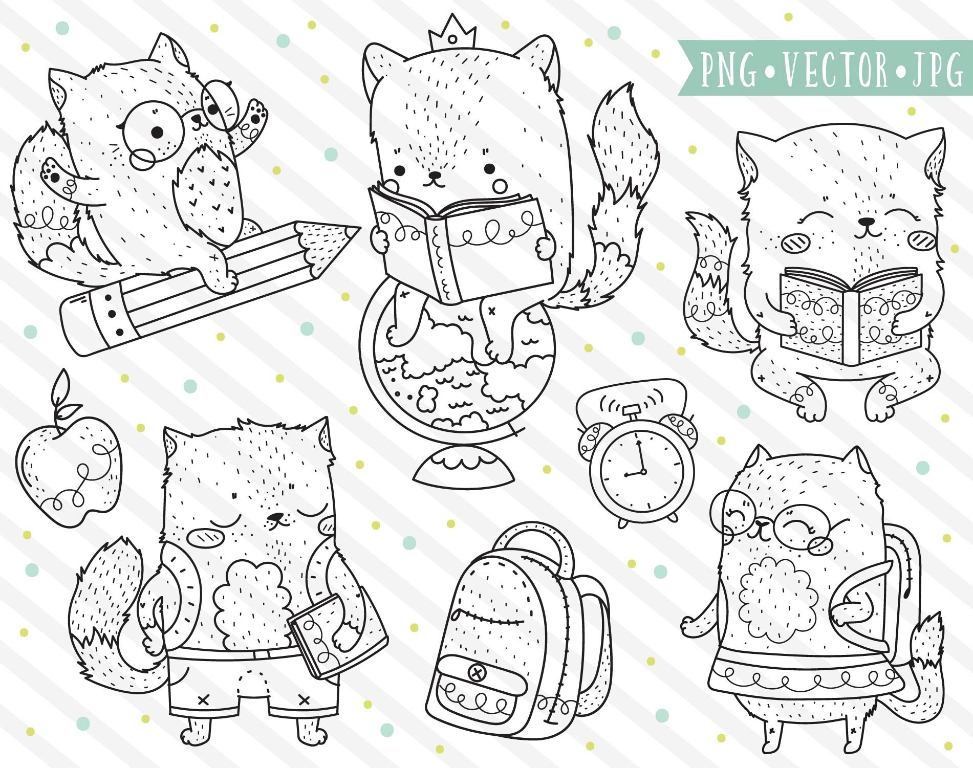 School Cats Clipart Images, Cat Digital Stamps, Hand Drawn Clipart ...