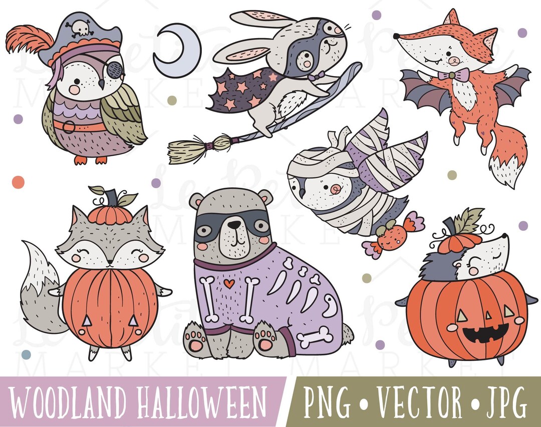 Woodland Halloween Animals Clipart Set, Cute Halloween Animals Clipart ...
