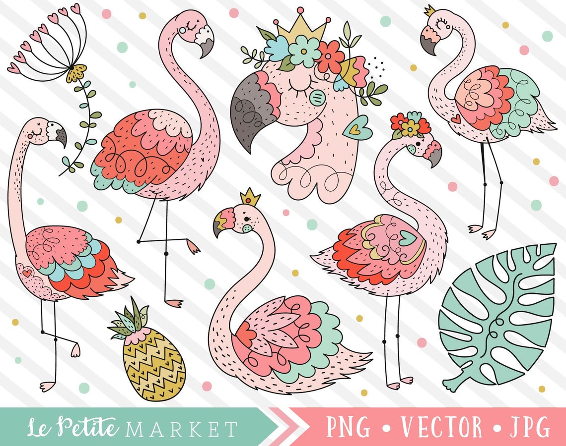Cute Flamingo Clipart Set, Flamingo Illustrations Clip Art Images ...