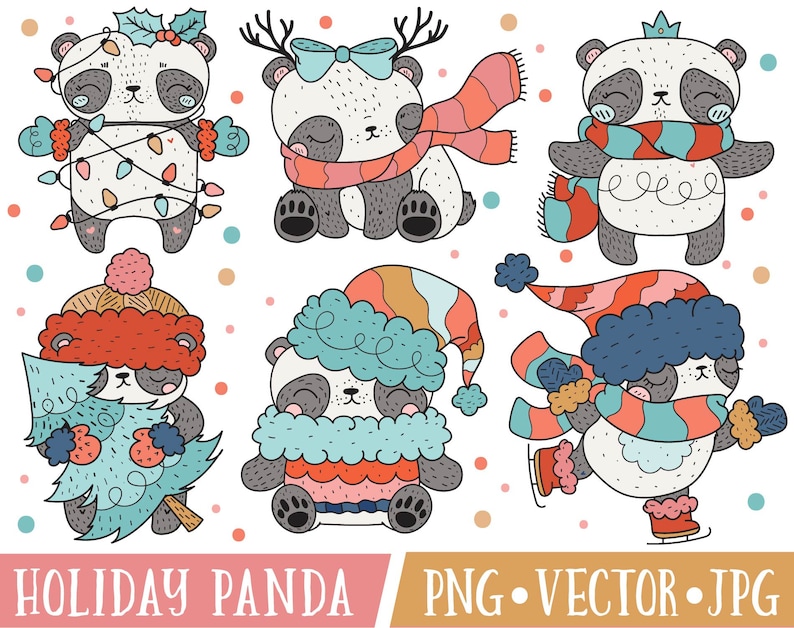 Cute Christmas Panda Bear Clipart Images Cute Holiday Panda - Etsy