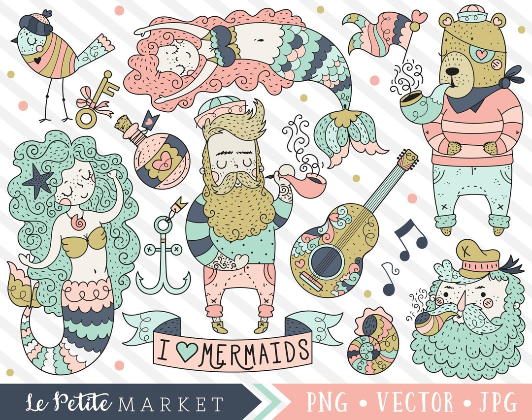 Cute Nautical Clipart Set, Mermaid Clip Art Images, Hipster Sailor ...