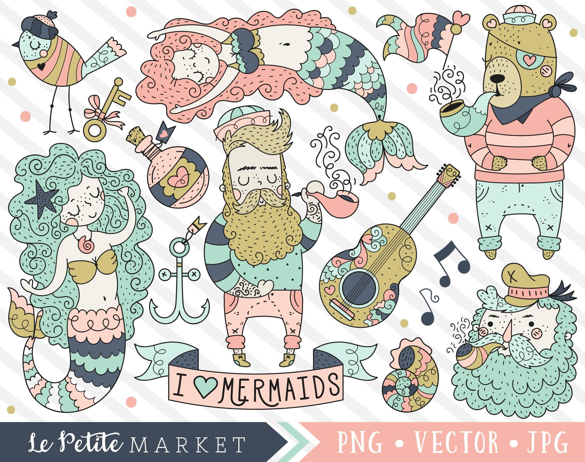 Cute Nautical Clipart Set, Mermaid Clip Art Images, Hipster Sailor ...
