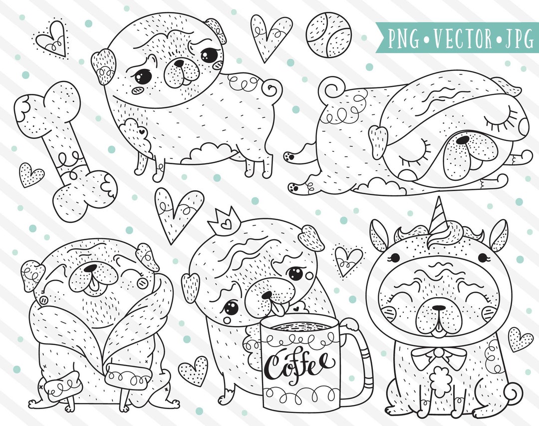 Cute Pug Art Clipart, Digital Pug Illustrations, Cute Pug Clip Art ...