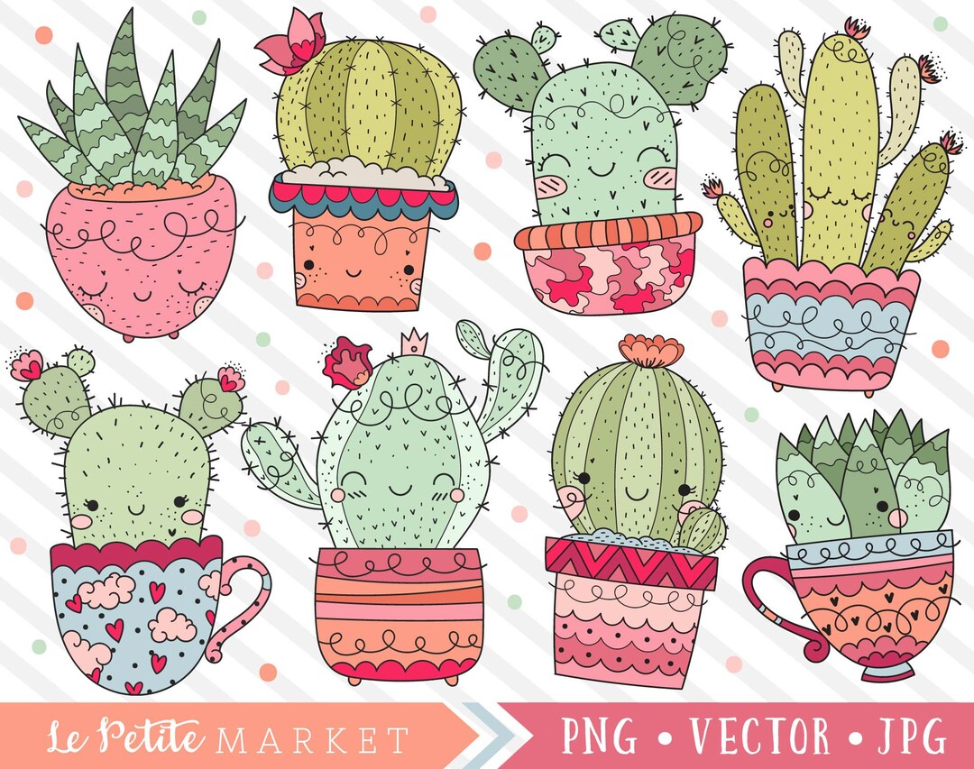 Kawaii Cactus Clipart Set, Cactus Illustration Set, Cute Succulent ...