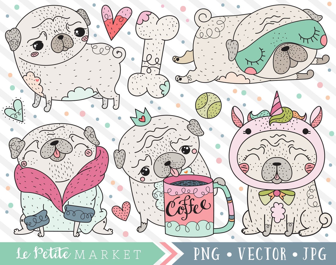 Kawaii Pug Clipart Images, Cute Pug Illustration Set, Commercial Use ...