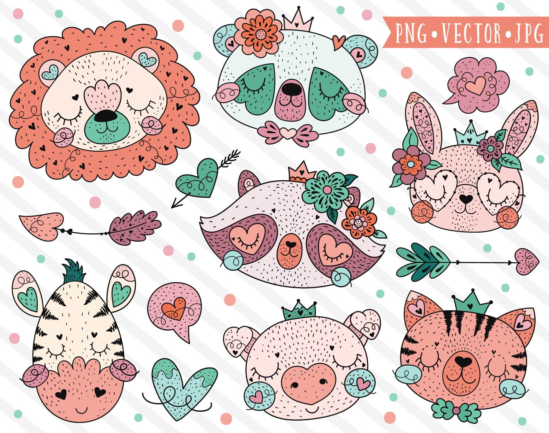 Animal Faces Clipart Cute Animal Portraits Cute Animal Face | Etsy
