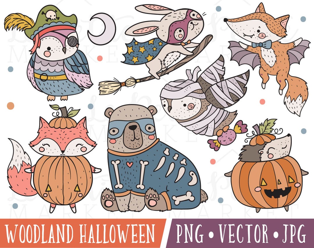 Cute Woodland Halloween Celebration Clipart, Woodland Fall Animals ...