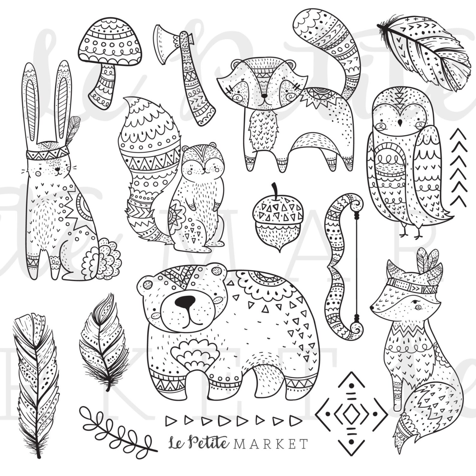 Hand Drawn Tribal Woodland Clip Art, Tribal Animal Clip Art, Woodland ...