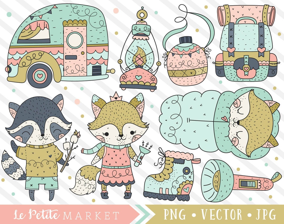 Cute Camping Clipart, Woodland Animals Camping Clip Art Set, Kawaii Fox ...