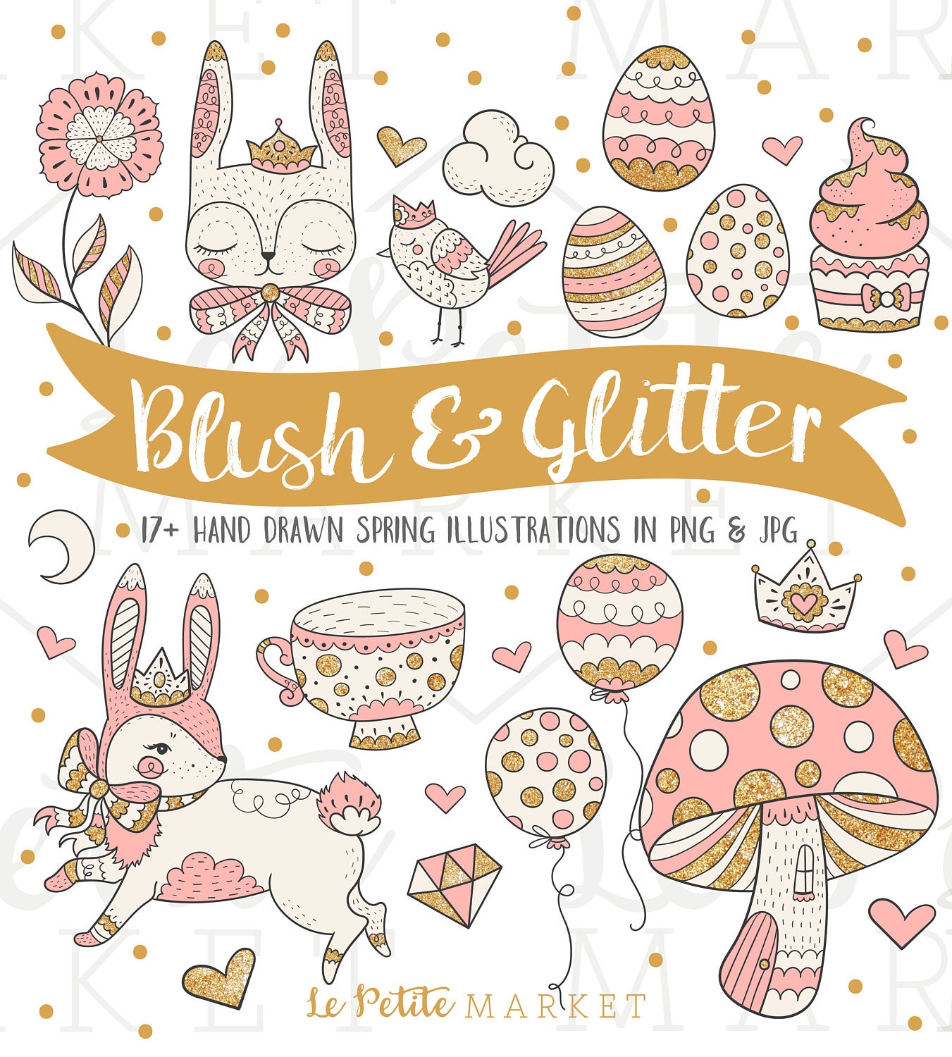 Cute Rabbit Clip Art Set Bunny Clip Art Blush Gold Princess | Etsy