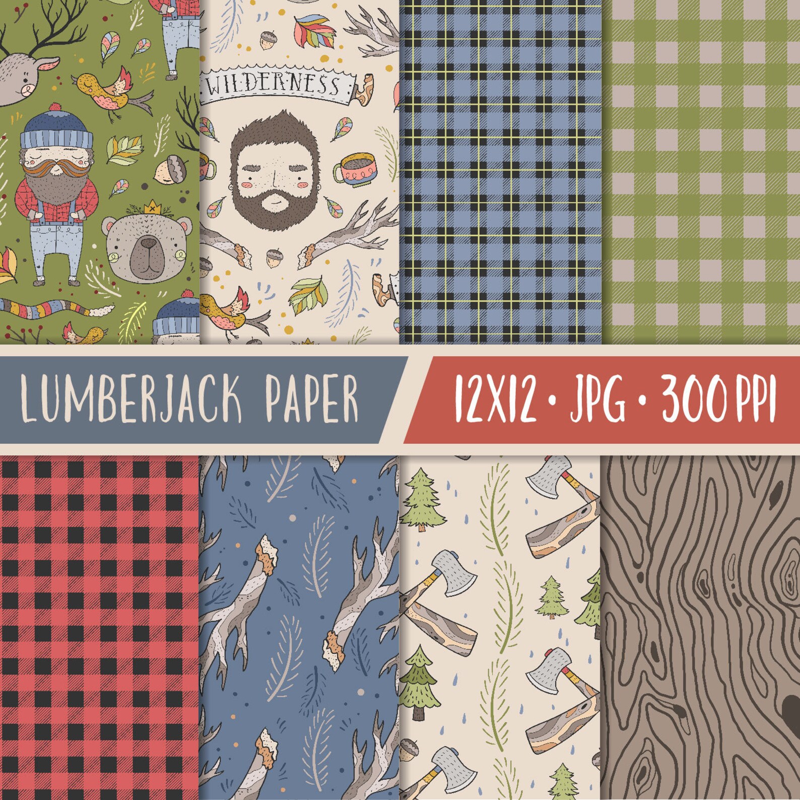 Digital Lumberjack Paper Pack, Instant Download, Digital Woodland ...