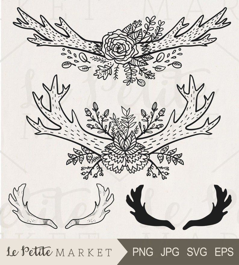 Antler and Flower Clipart Antler Clipart Rustic Antlers - Etsy