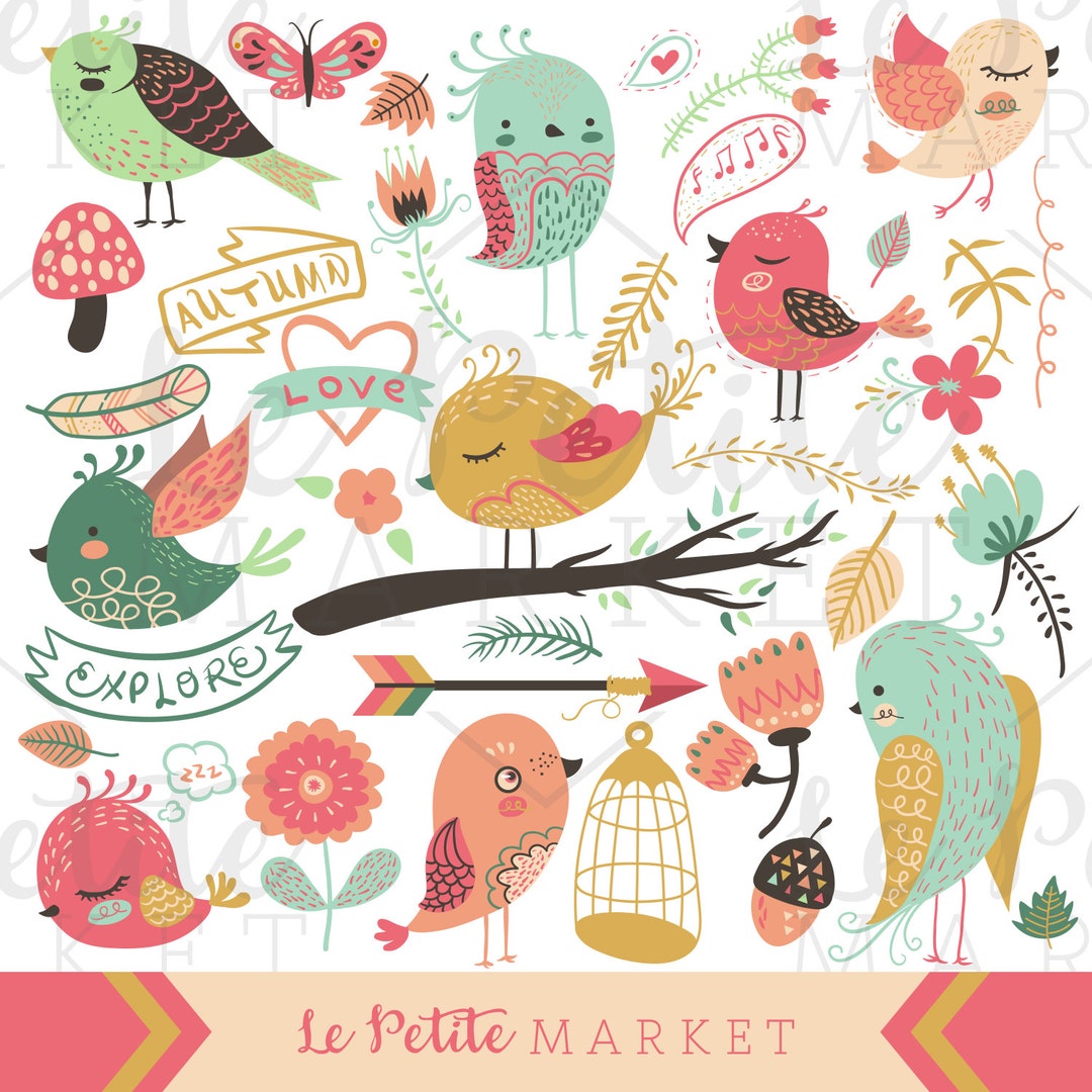 Cute Bird Clipart, Colorful Pretty Pastel Bird Clipart, Digital Bird ...