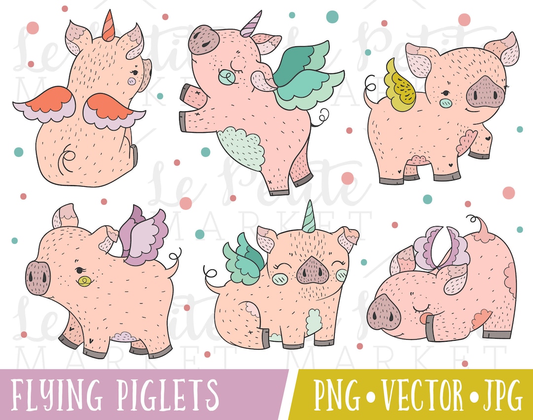 Hipster Unicorn Pig Clipart Set, Flying Unicorn Piglets, Pigs With ...