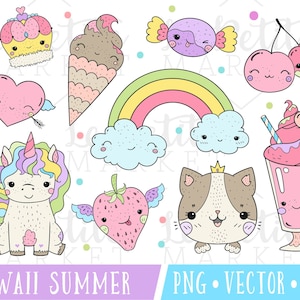 Kawaii Summer Clipart Set Kawaii Stamps Kawaii Unicorn - Etsy