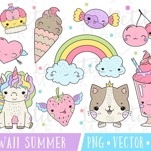Kawaii Summer Clipart Set Kawaii Stamps Kawaii Unicorn | Etsy