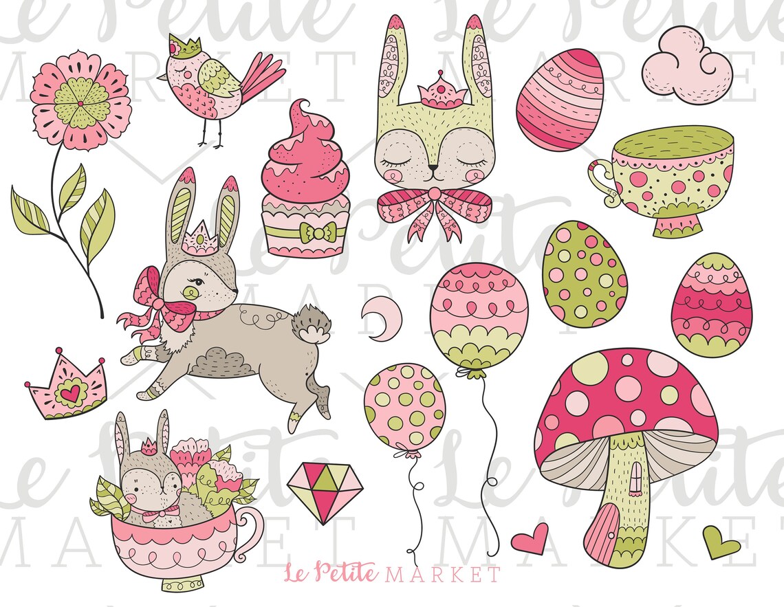 Cute Spring Rabbit Illustration Set Pink and Green Clip Art | Etsy