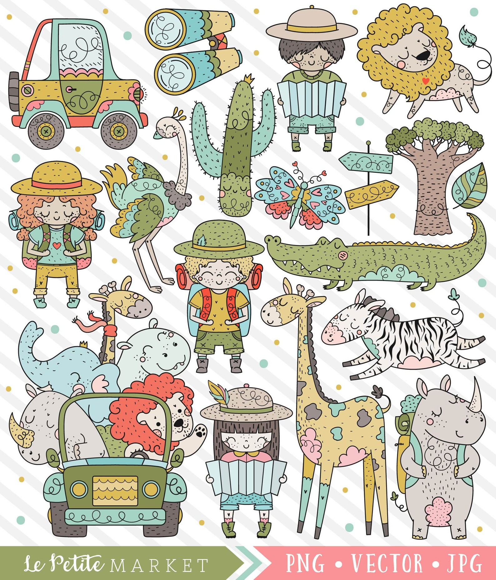 Cute Safari Clipart Set, Jungle Animals Clip Art, Safari Kids Adventure ...