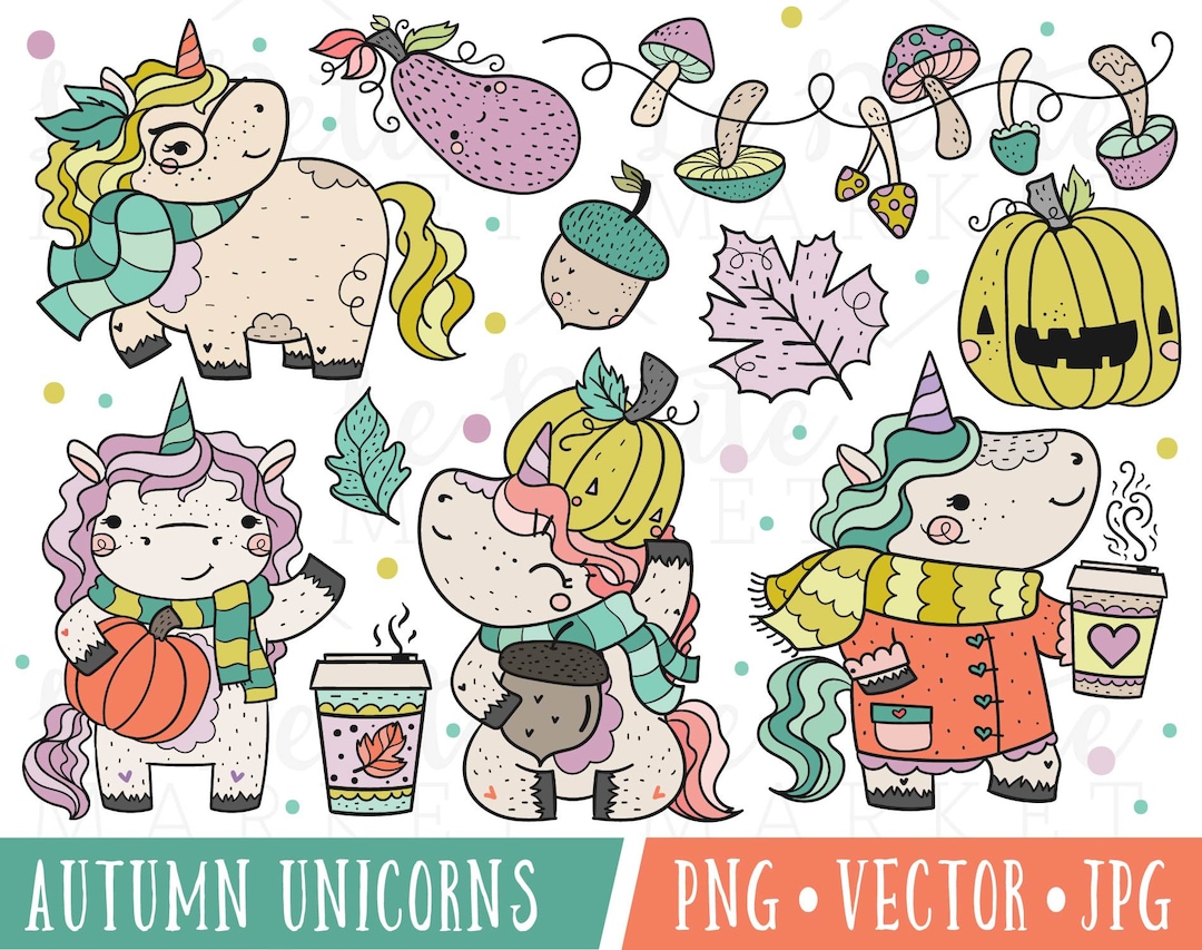 Hipster Fall Unicorn Clipart, Hipster Autumn Unicorn Clip Art, Kawaii ...