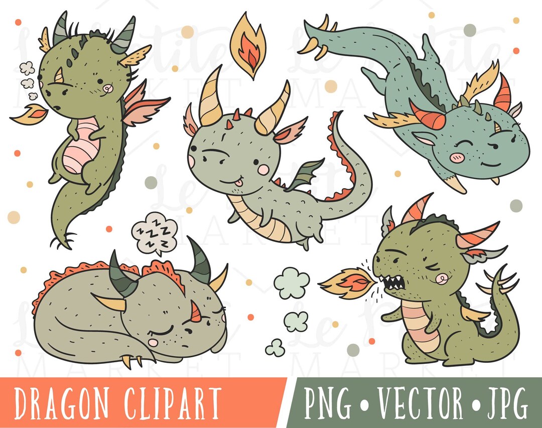 Cute Dragon Clipart Set, Clipart Dragons, Kawaii Dragon Clipart, Dragon ...