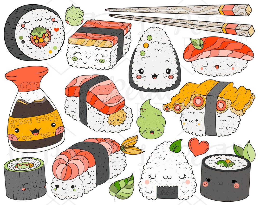 Kawaii Sushi Clipart Illustration Set, Instant Download Cute Japanese ...