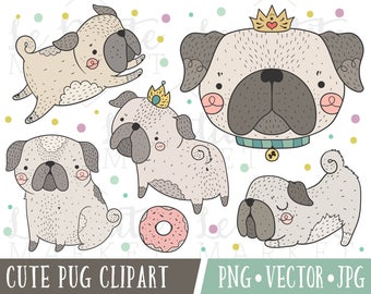 Kawaii Pug Clipart Images Cute Pug Illustration Set | Etsy