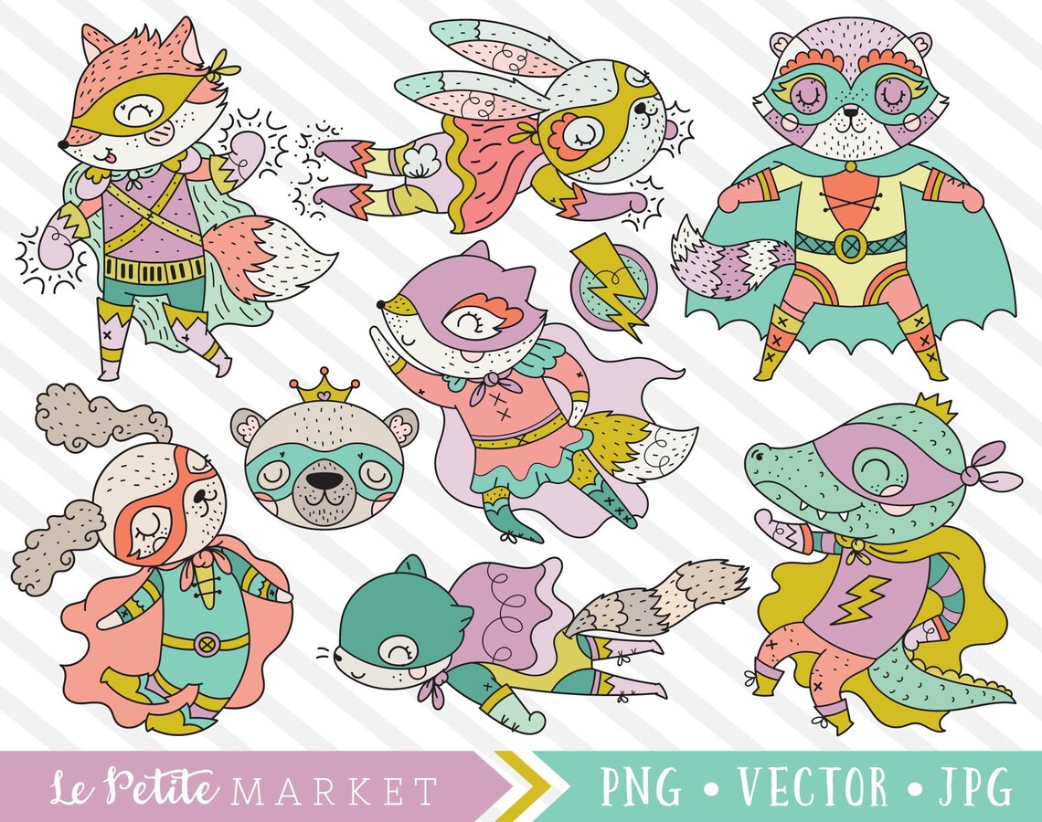 Superhero Animals Clipart Images Cute Superhero Illustration | Etsy