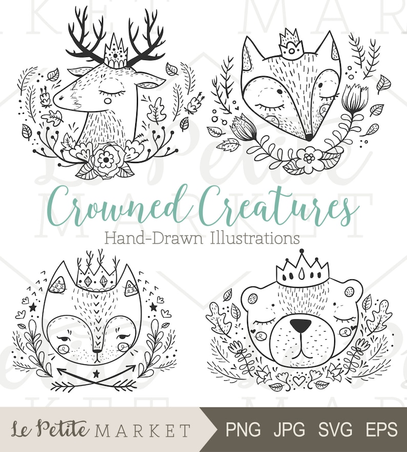 Cute Hand Drawn Forest Animals, Forest Animals With Crowns, Hand Drawn ...
