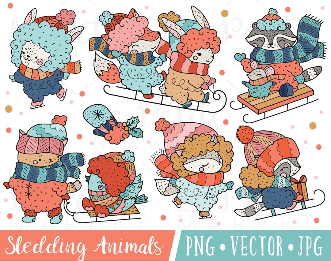 Winter Sledding Clipart Images, Cute Winter Animals Clipart, Kawaii ...