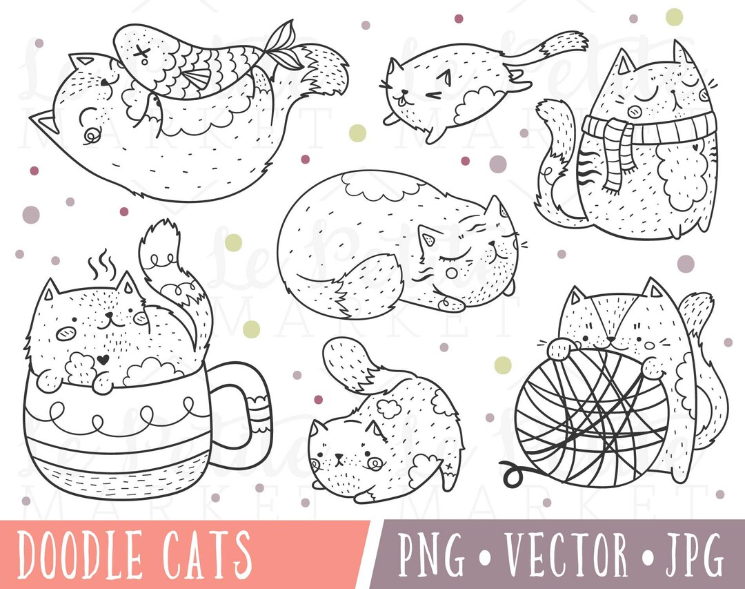 Cute Cat Clipart Images, Cute Cat Clip Art Set, Hand Drawn Cat Clipart ...
