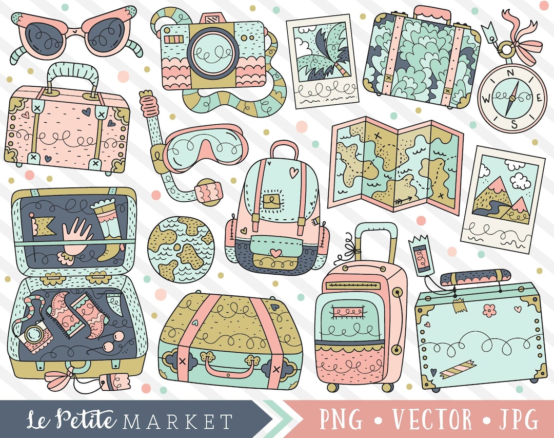 Cute Travel Clipart Set, Kawaii Travel Graphics, Cute Vacation Clipart ...