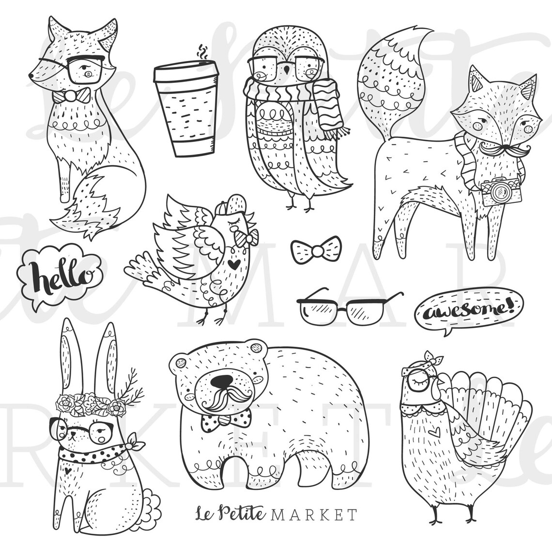 Woodland Hipster Animal Clipart, Hipster Clip Art, Hand Drawn Clip Art ...