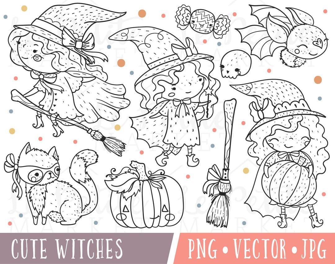 Cute Witch Clipart Images, Cute Witch Digital Stamps, Doodle Halloween ...