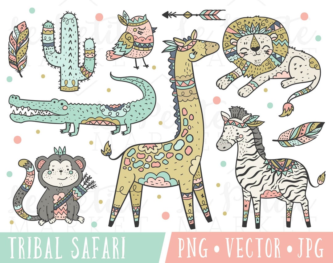 Safari Clipart Animals, Hand Drawn Tribal African Animal Clip Art ...