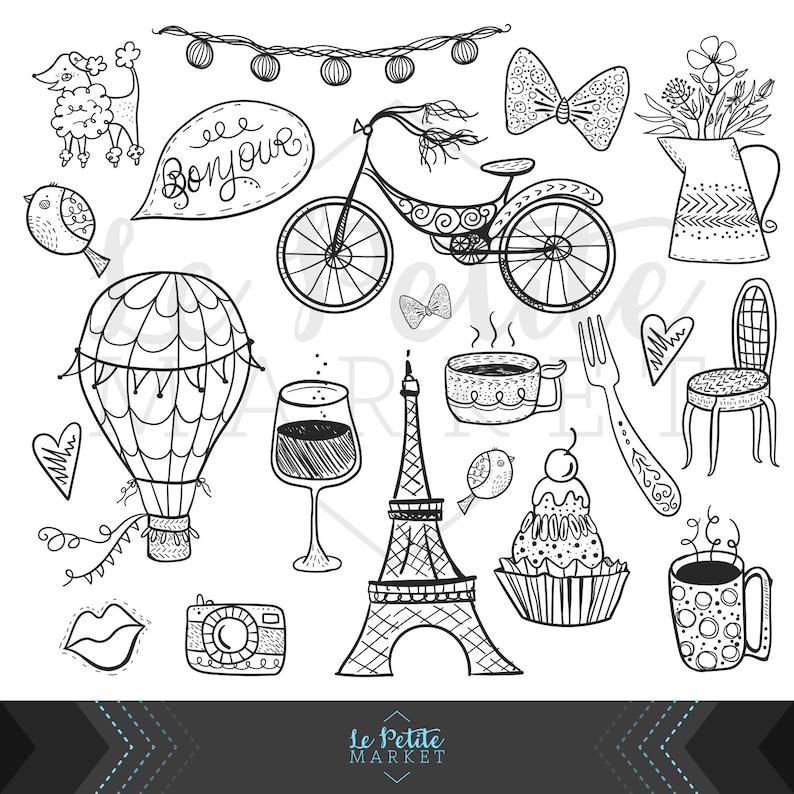 Cute Hand Drawn Digital Paris Clipart Set, Eiffel Tower Clip Art ...