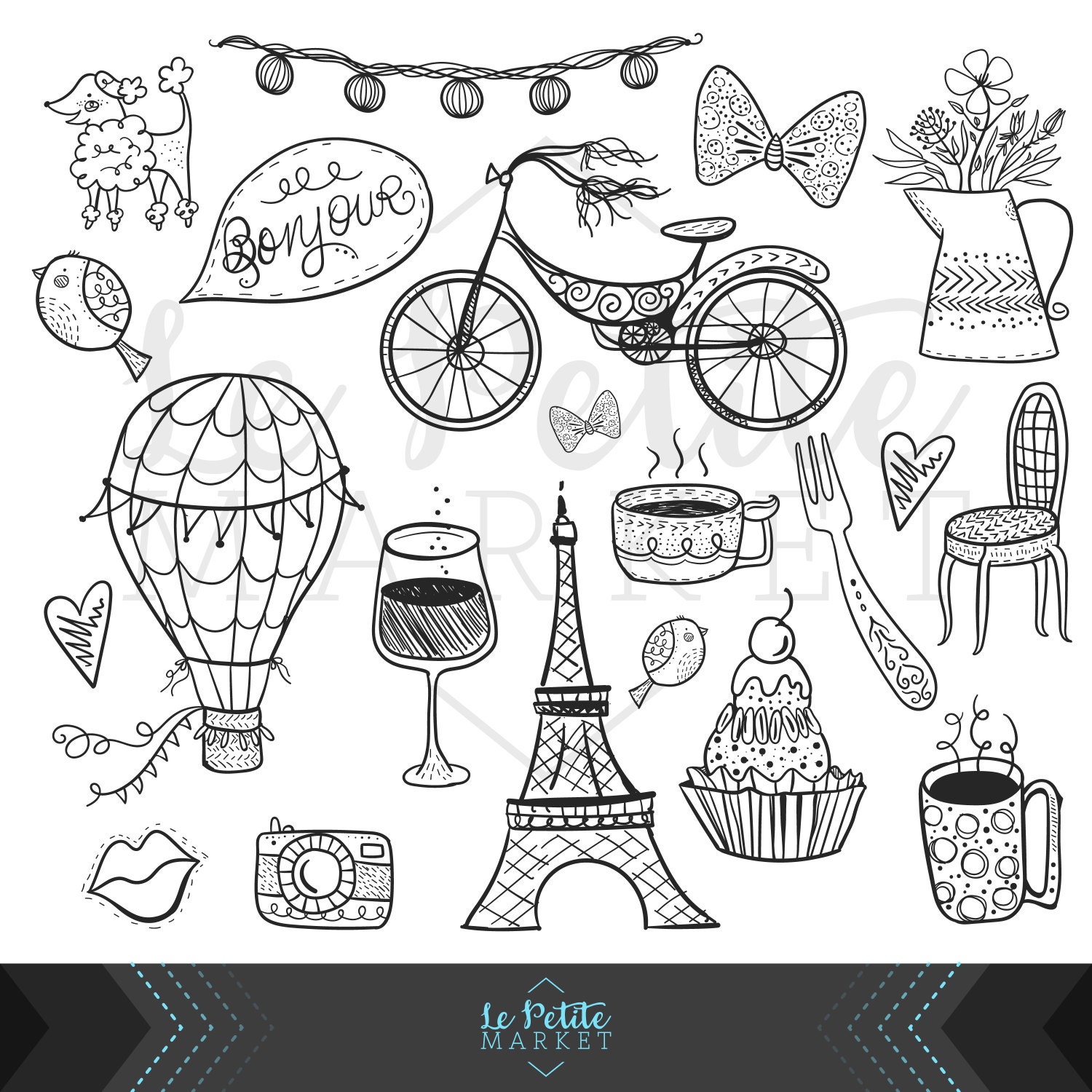 Cute Hand Drawn Digital Paris Clipart Set, Eiffel Tower Clip Art ...