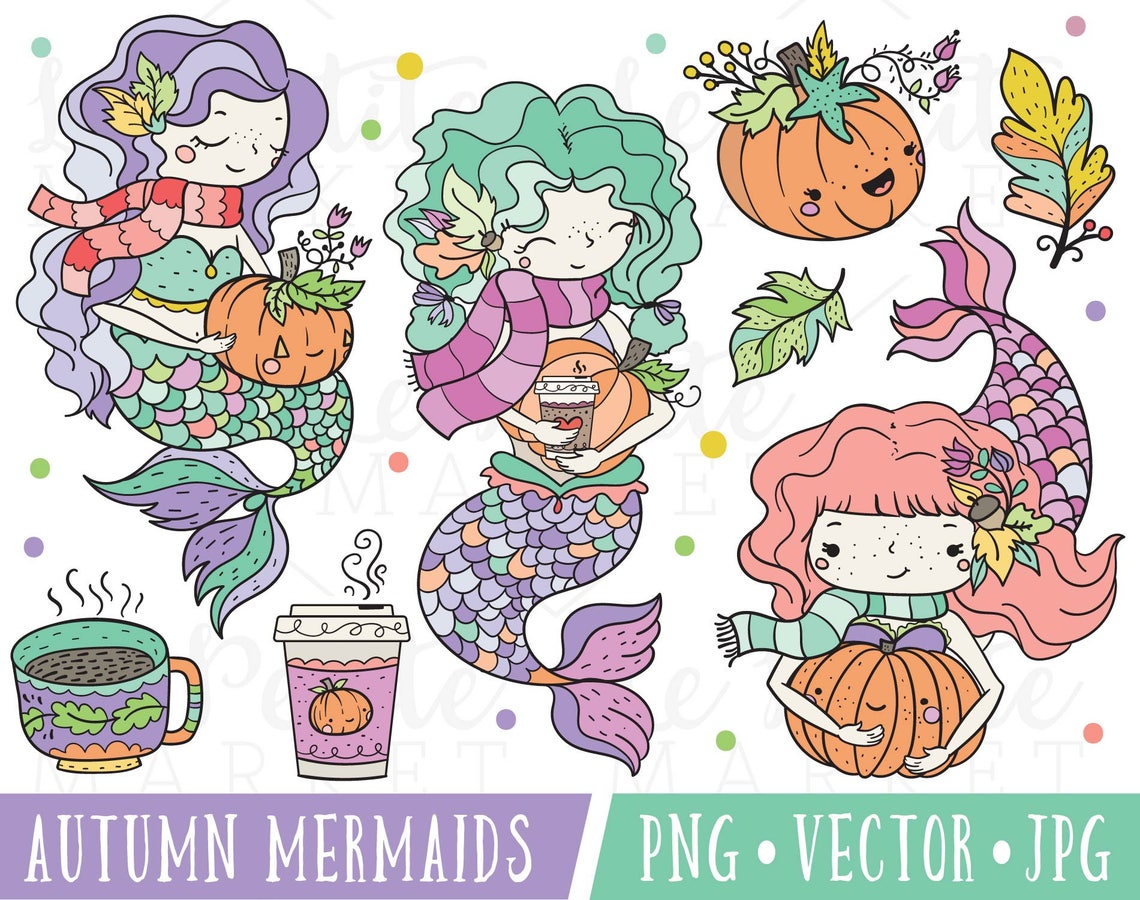 Cute Halloween Mermaid Clipart Set, Cute Autumn Mermaids Clipart, Fall ...